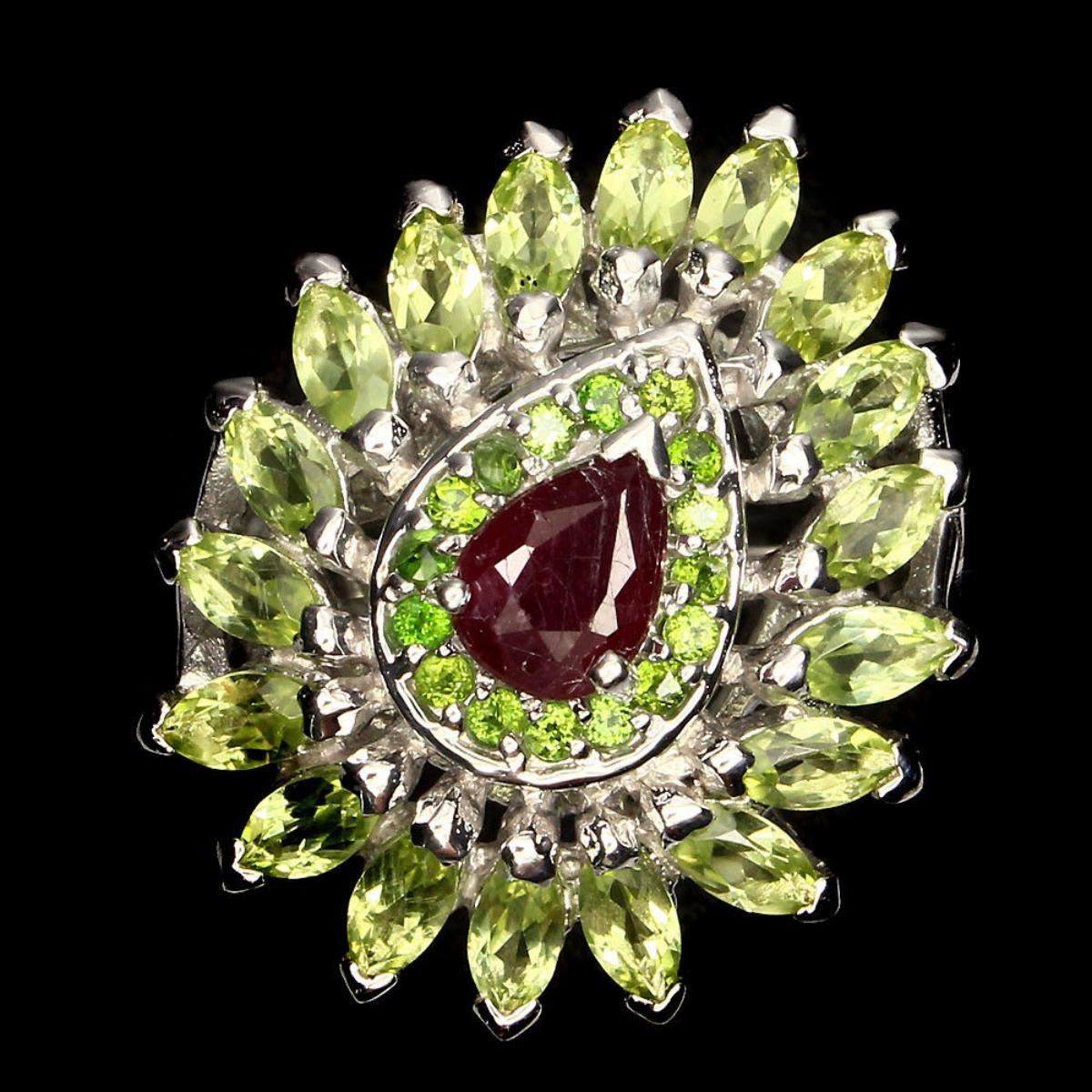 Natural Red Ruby Chrome Diopside Peridot Ring