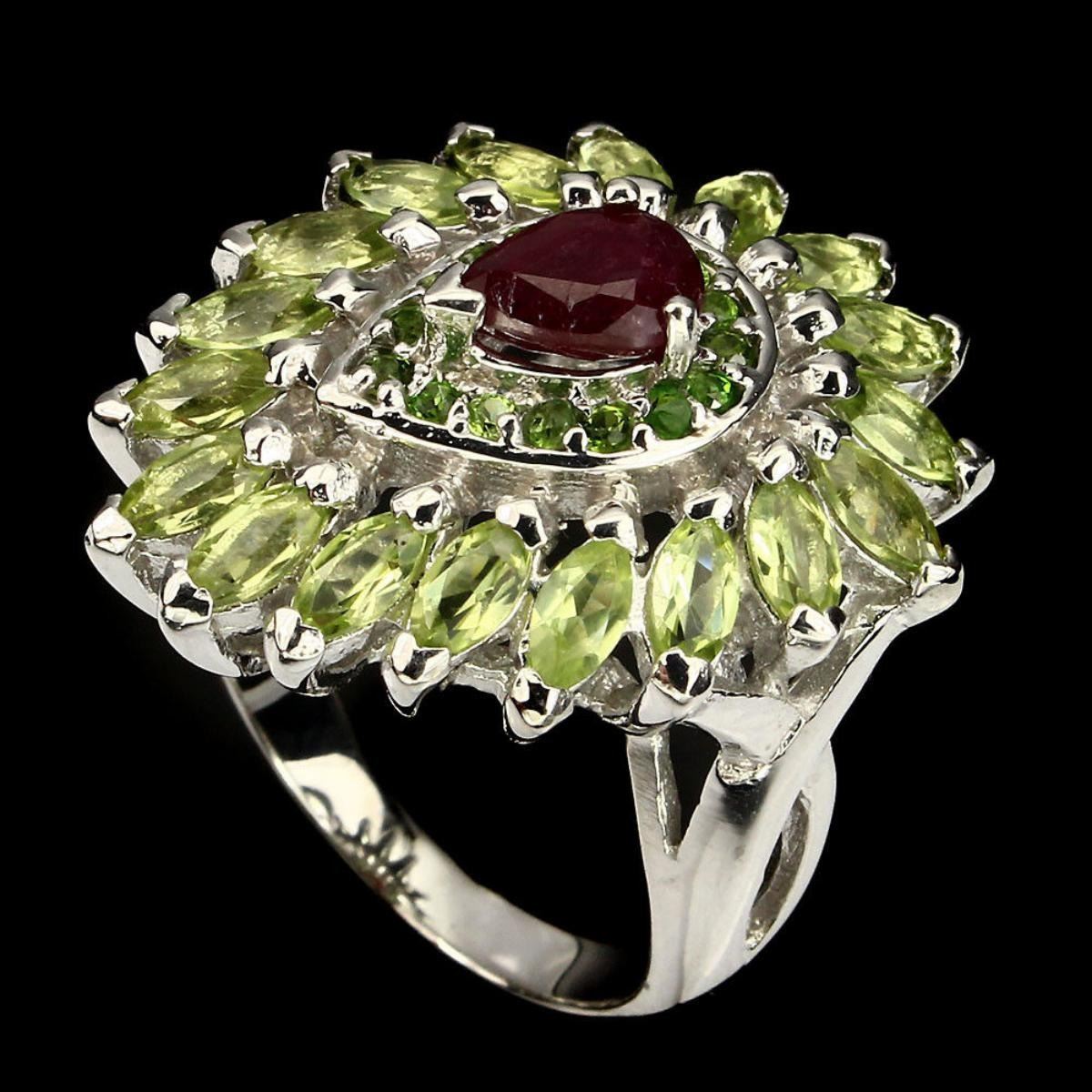 Natural Red Ruby Chrome Diopside Peridot Ring