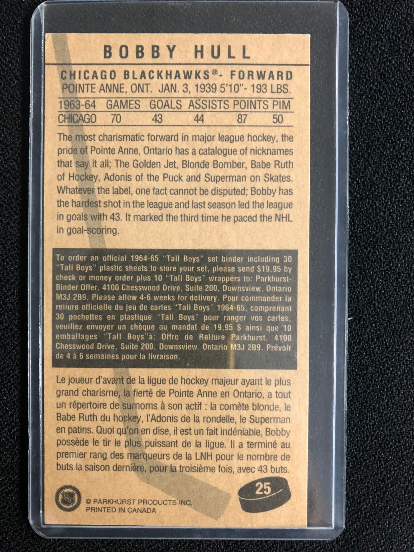 Bobby Hull Signed 1994-95 Parkhurst Tall Boys Hockey Card - Chicago ...