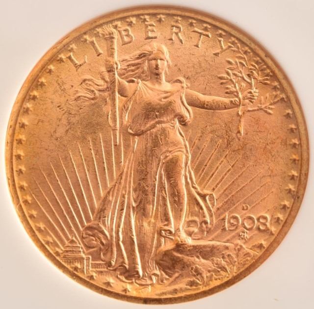 1908 D $20 Gold Coin No Motto Saint Gaudens MS 62