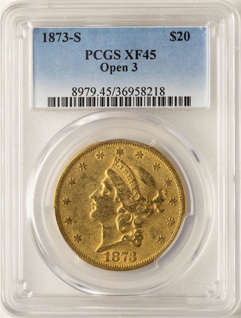 1873-S Open 3 $20 Liberty Head Double Eagle Gold Coin PCGS XF45