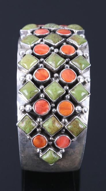 Navajo J.W. Toadlena Sterling Coral & Jade Cuff
