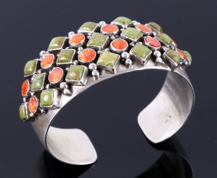 Navajo J.W. Toadlena Sterling Coral & Jade Cuff