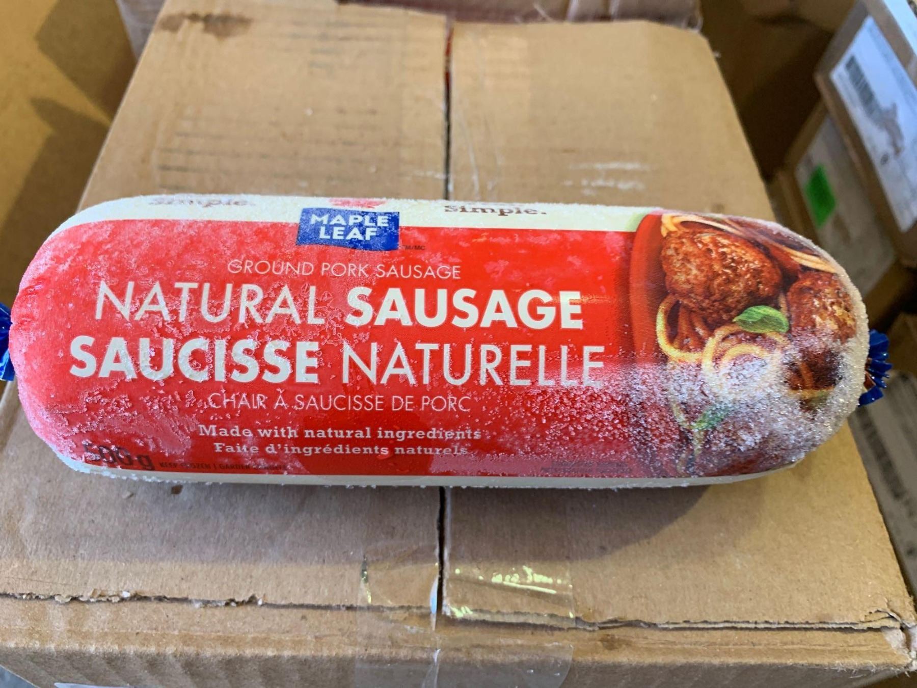 Case Of Maple Leaf Natural Ground Pork Sausage 12 X 500g