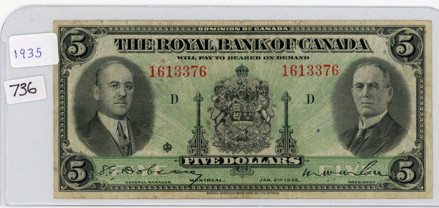 FIVE DOLLAR BILL ROYAL BANK OF CANADA 1935 five-dollar-bill-royal-bank-of-canada-1935