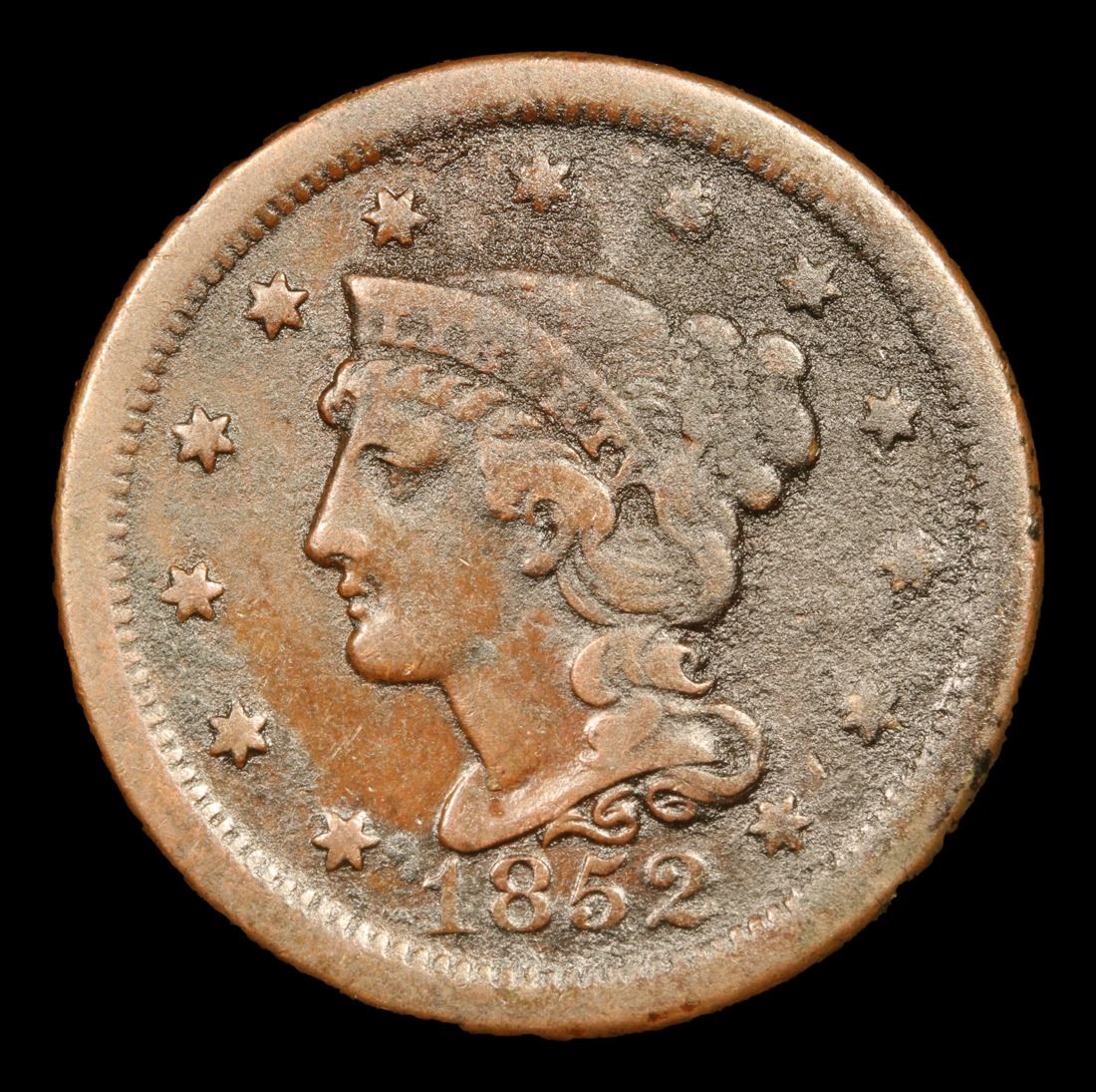1852 . . Braided Hair Large Cent 1c Grades vf details