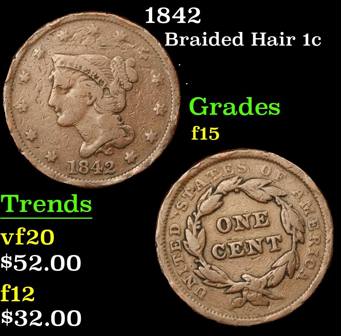 1842 Braided Hair Large Cent 1c Grades f+