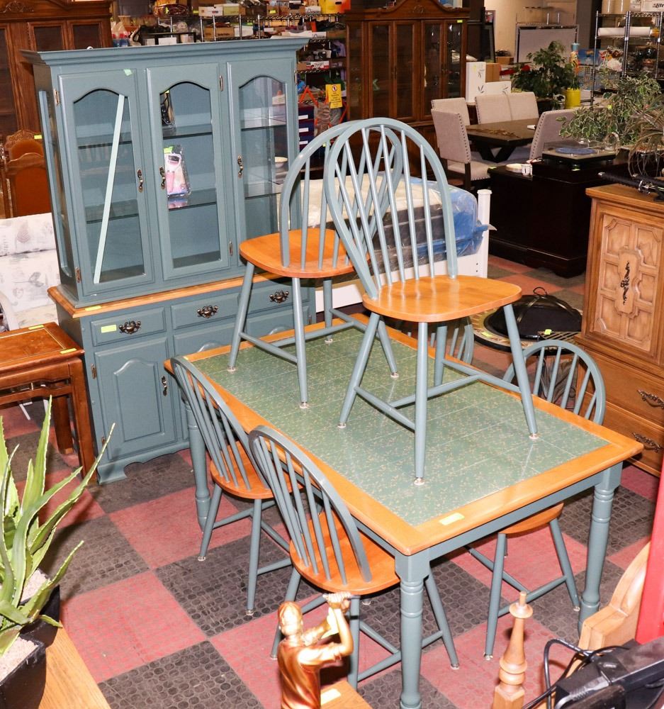 2 TONE TILE TOP TABLE WITH 6 CHAIRS, BUFFET AND