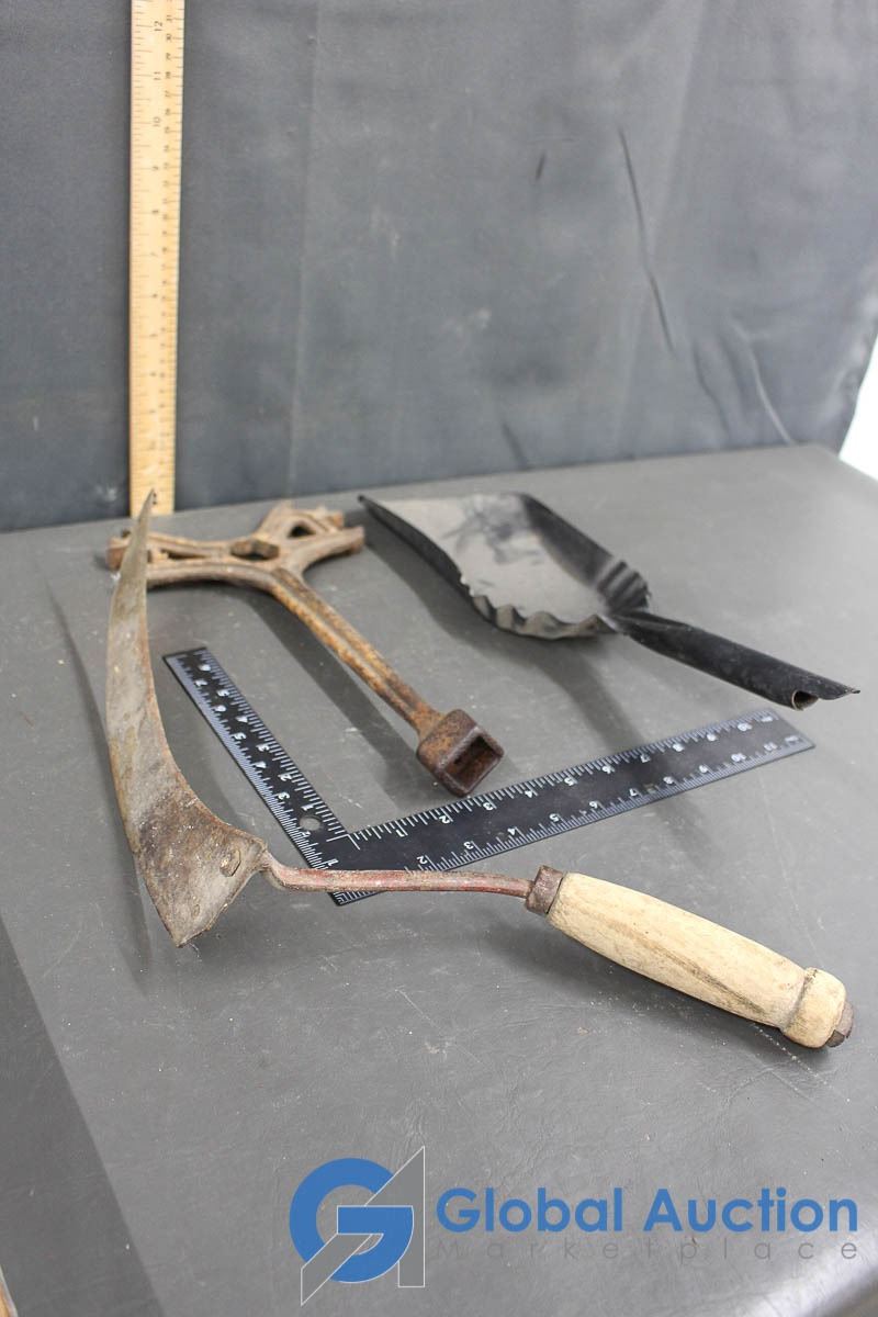 Fireplace Shovel & Vintage Wrench & Sickle