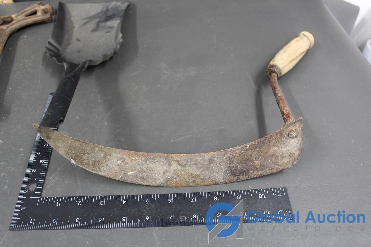 Fireplace Shovel & Vintage Wrench & Sickle