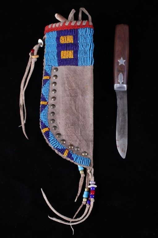 Plains Beaded Sheath & Pewter Inlaid 19th C. Knife