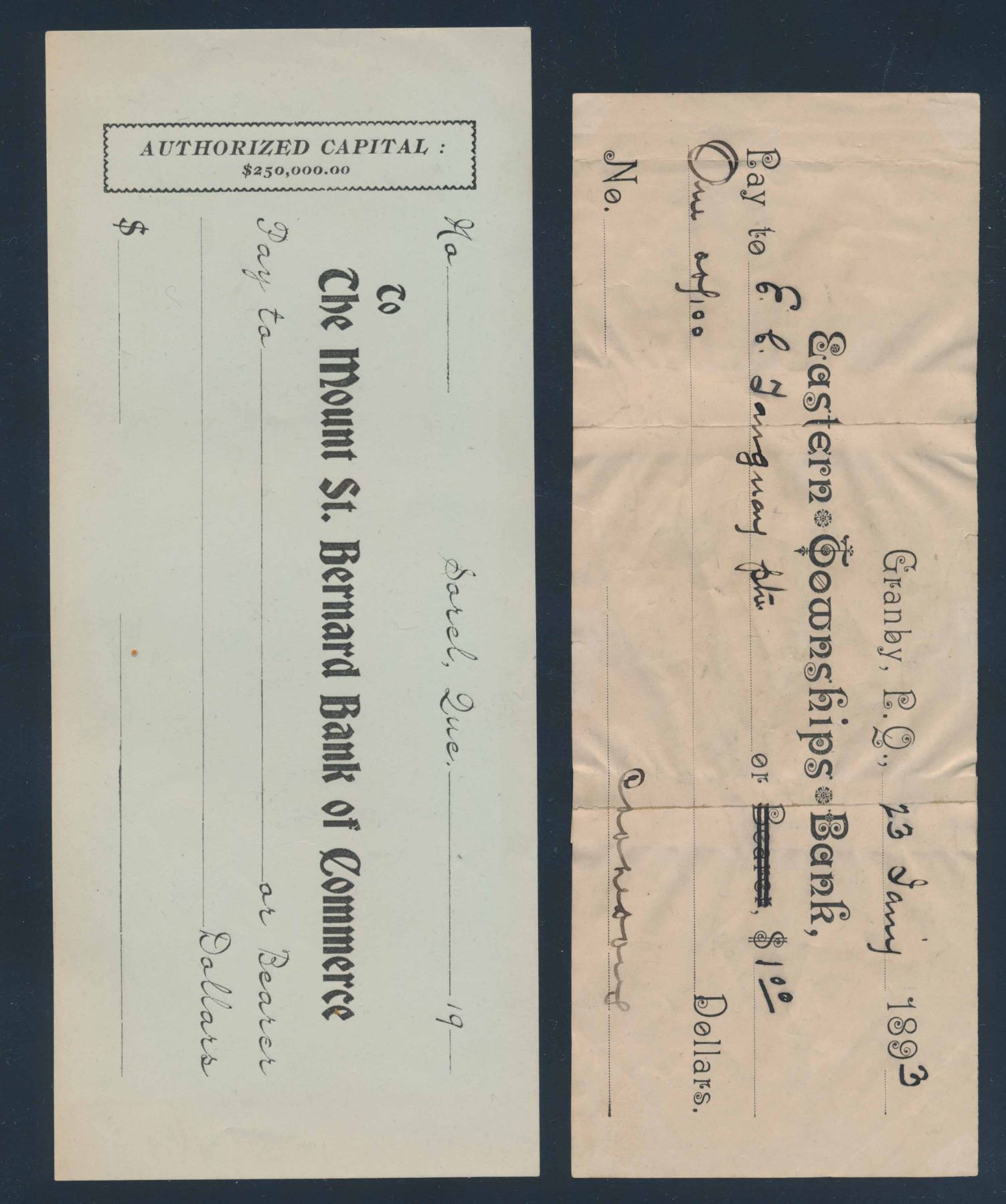 Eastern Townships Bank, Granby, PQ.Cheque 1893 for $1 + 3 old blank cheques
