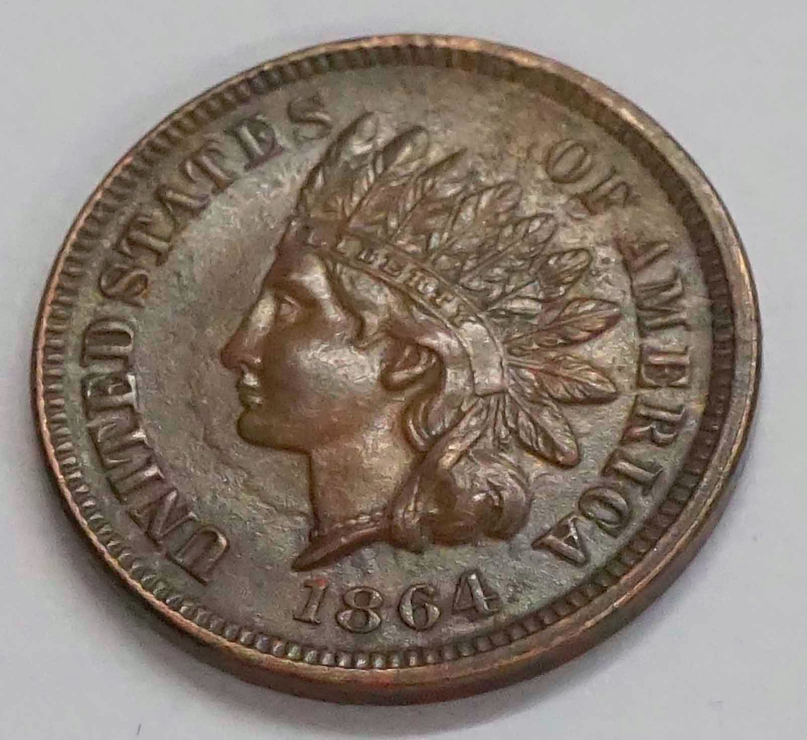 USA 1864 Indian Head Bronze Cent - Variety with "L" on Ribbon - A Lovely AU