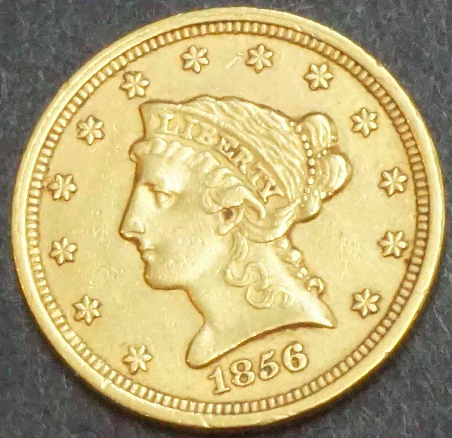 USA 1856 2 1/2 Dollars Gold Coin Quarter Eagle Very Choice AU