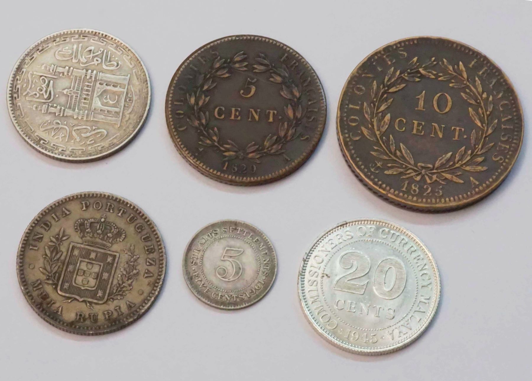 Lot of Six Nice Colonial Coins - British, French, Portuguese