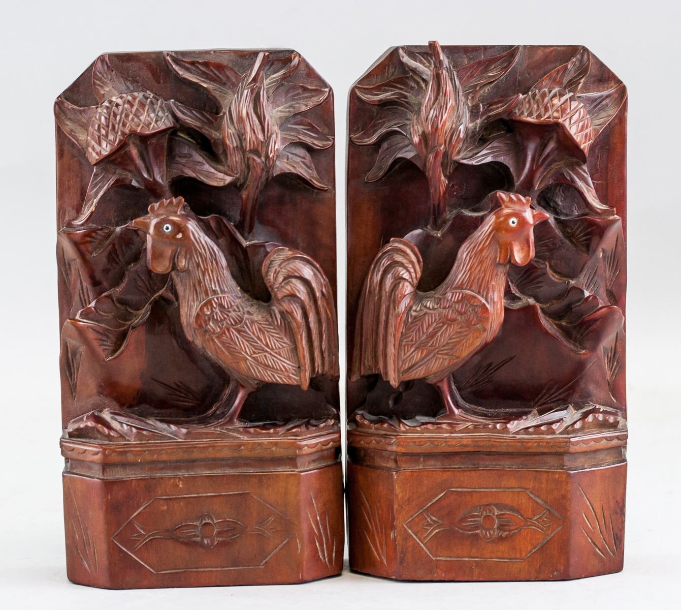 Chinese Rosewood Carved Rooster Bookends 2 PC