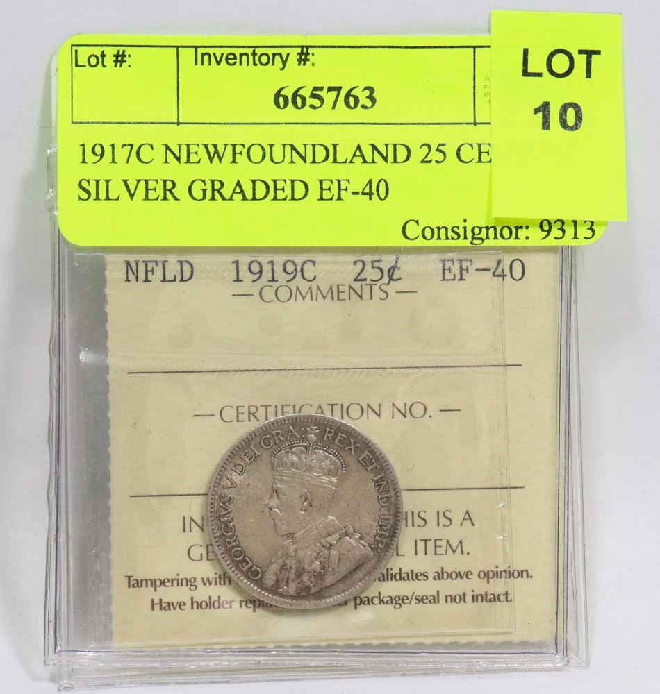 1919C NEWFOUNDLAND 25 CENT SILVER GRADED EF-40