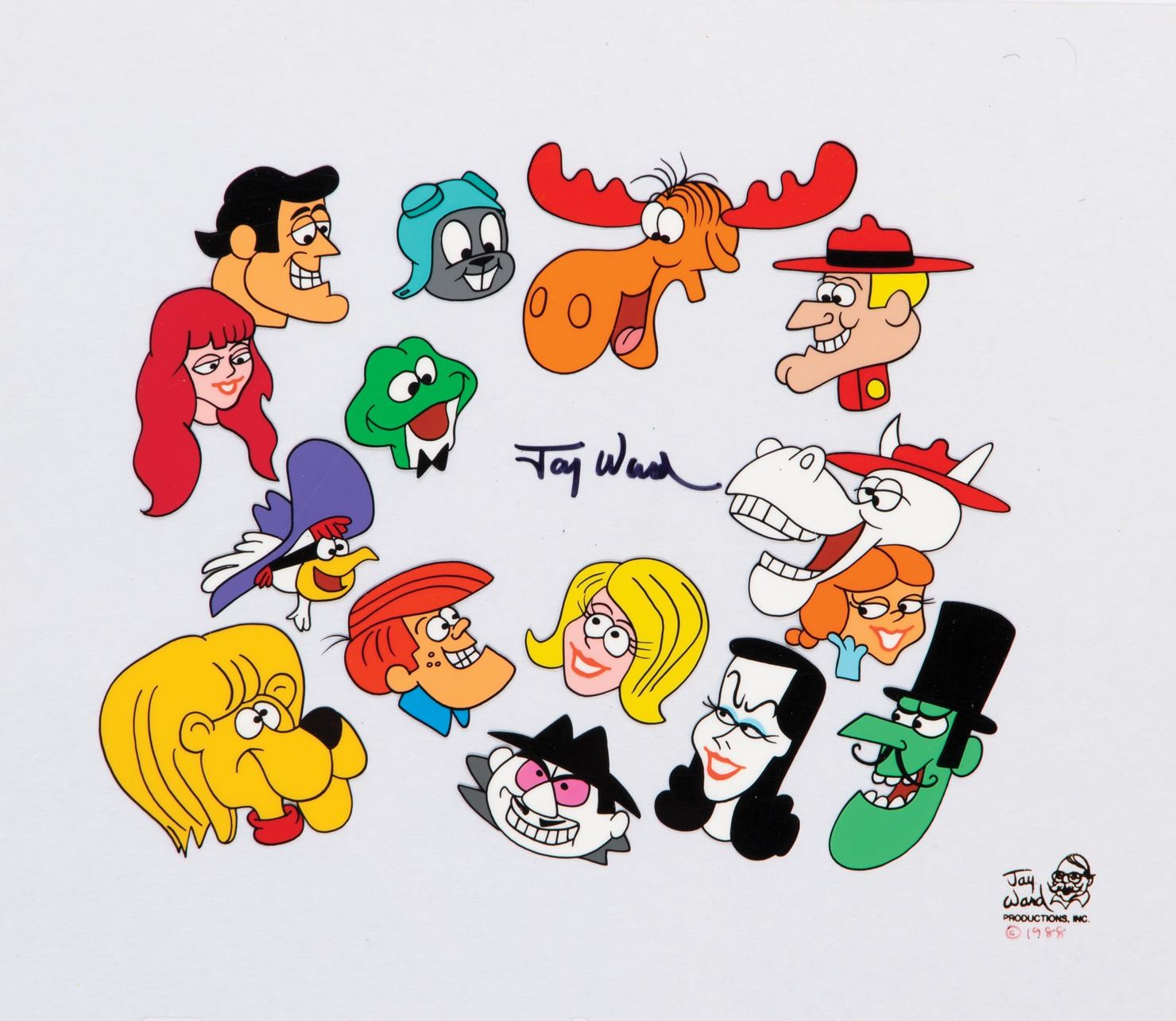Jay Ward hand-painted scene cel featuring The Whole Jay Ward Gang. | Barnebys