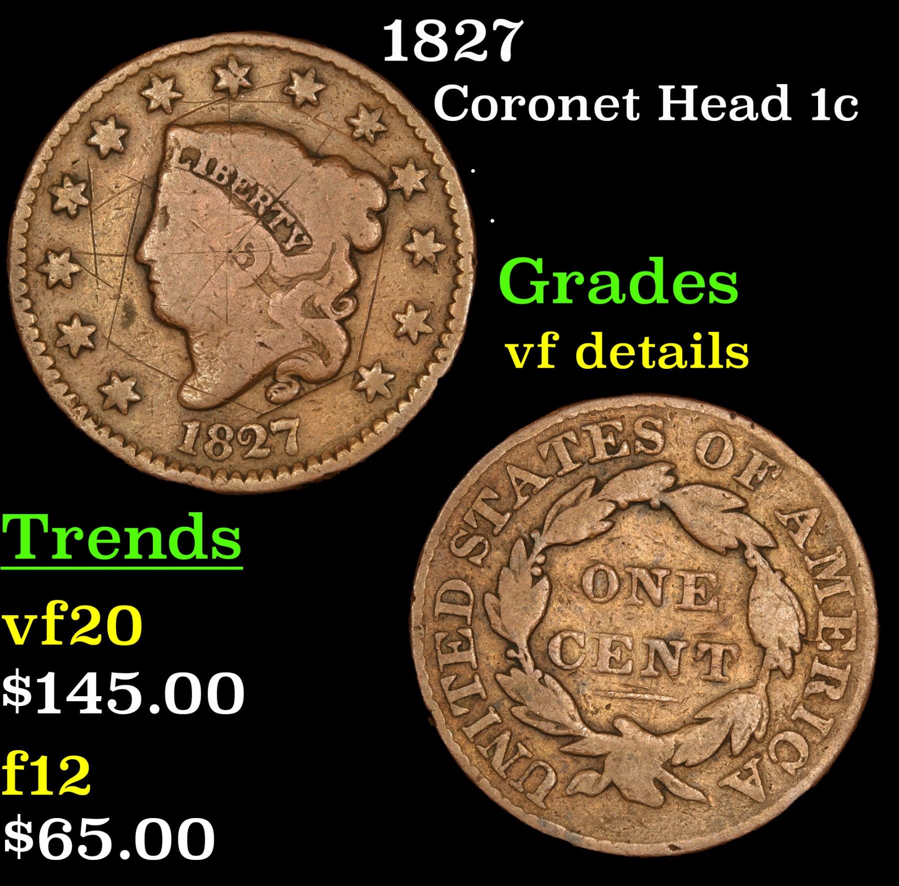 1827 Coronet Head Large Cent 1c Grades vf details