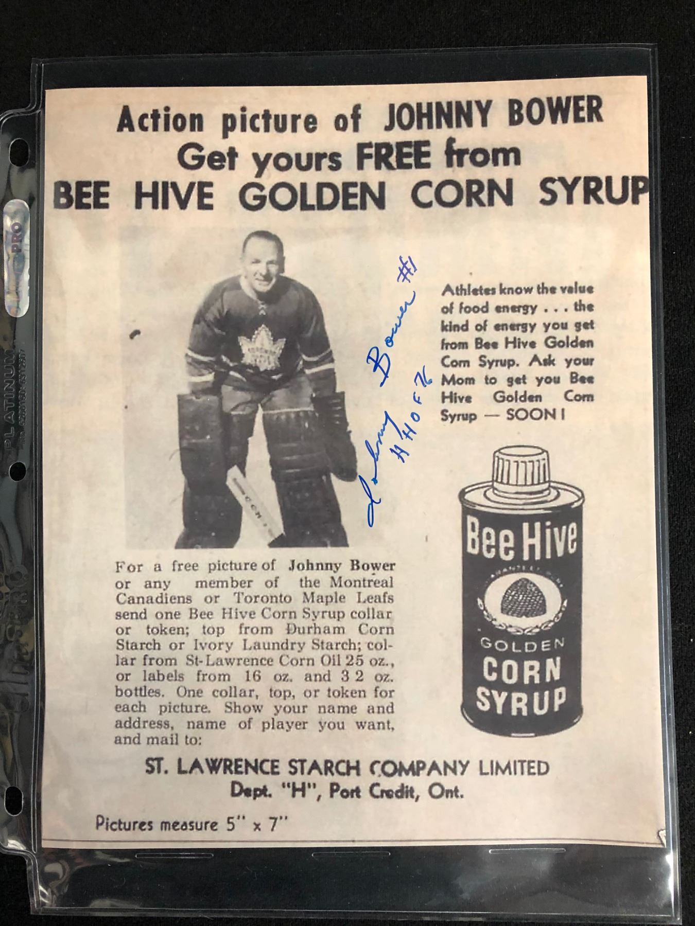 JOHNNY BOWER SIGNED BEE HIVE GOLDEN SYRUP AD