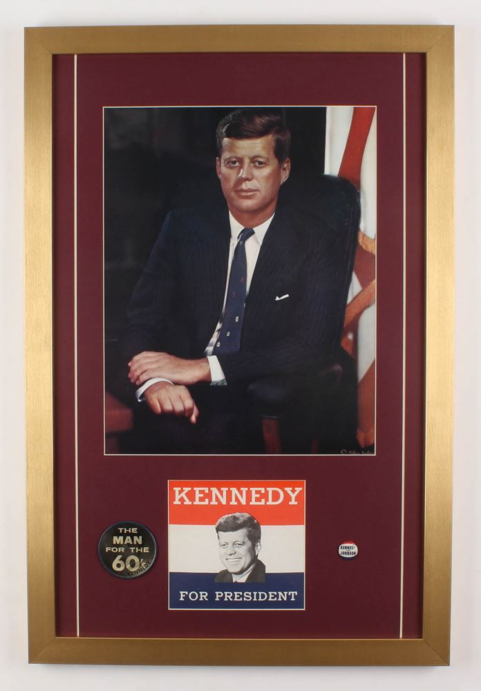 John F. Kennedy 18x27 Custom Framed Photo Display with (3) Campaign Items