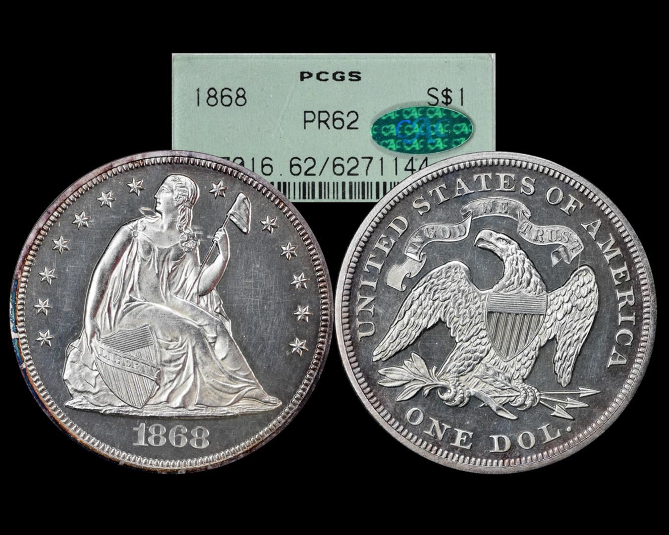 1868 $1 Proof Seated Liberty Silver Dollar Coin PCGS PR62 CAC OGH