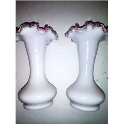 Pair of Vintage White Glass Vases, w/ Pink Ruffle Top
