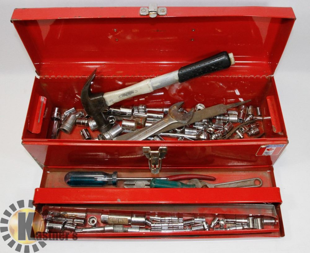RED MASTERCRAFT TOOL BOX WITH 2 LEVELS OF ASSORTED