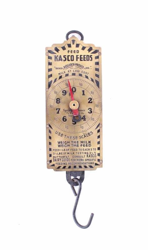 Two Brass Milk & Feed Hanging Scales