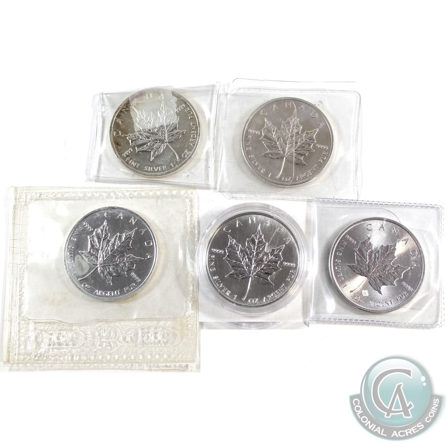 5x Canada 1oz .9999 Fine Silver Maple Leafs - 1992 (Sealed in mint plastic), 2006, 2x 2013 & 2017. 5