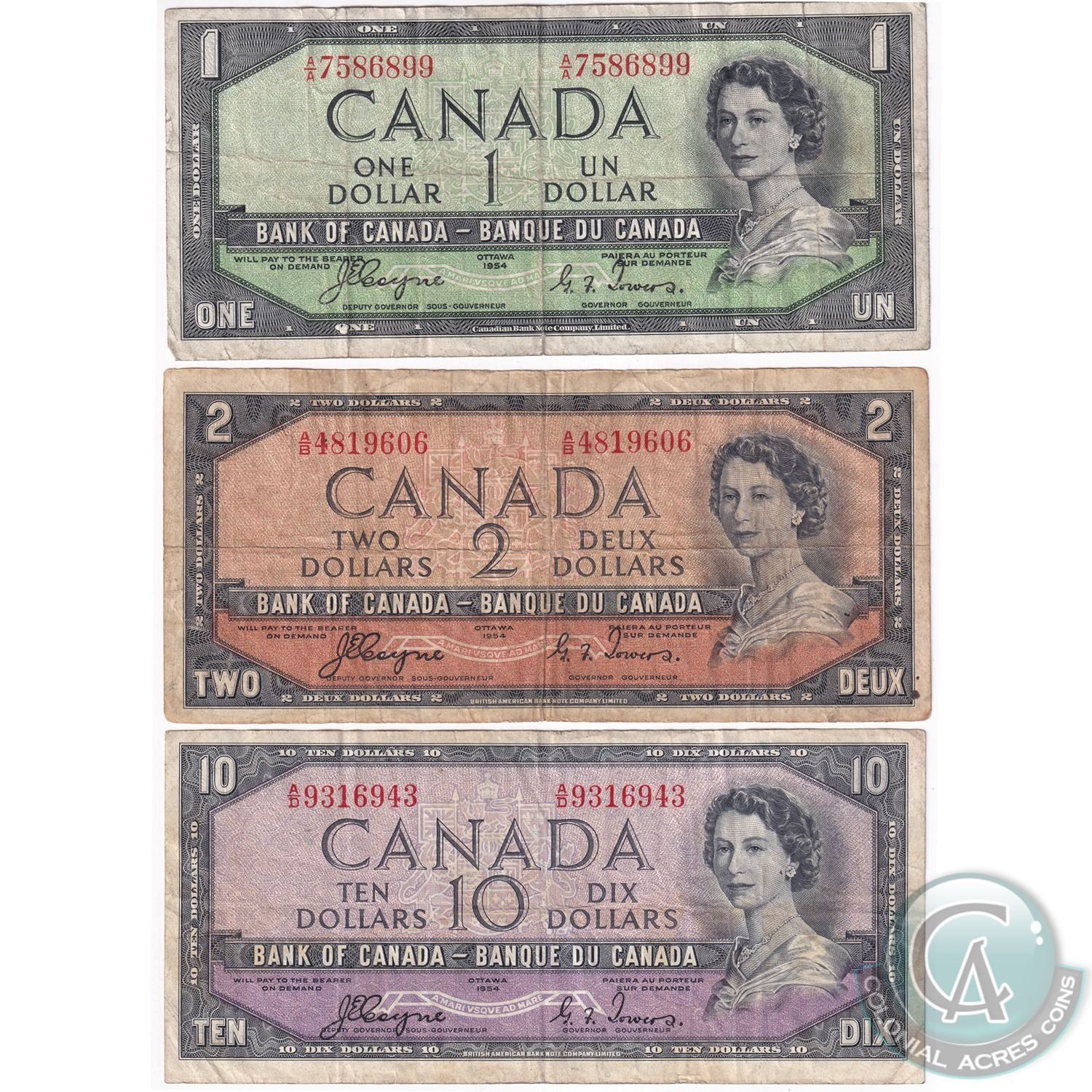 Devil's Face Set of Canada Notes $1, $2 & $10 Fine+ condition. 3pcs