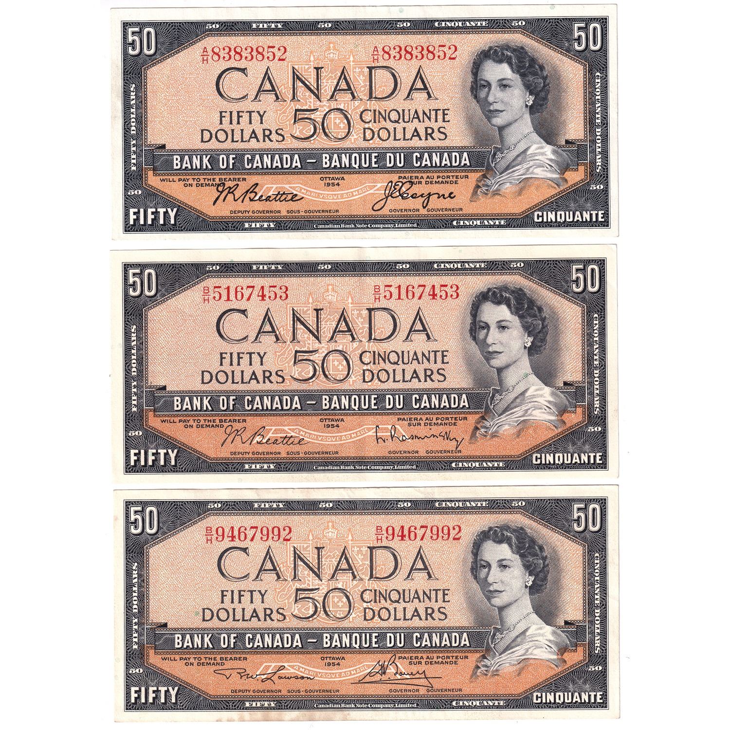 Lot of 1954 $50 Canada Notes with all 3 signature types for this series ...