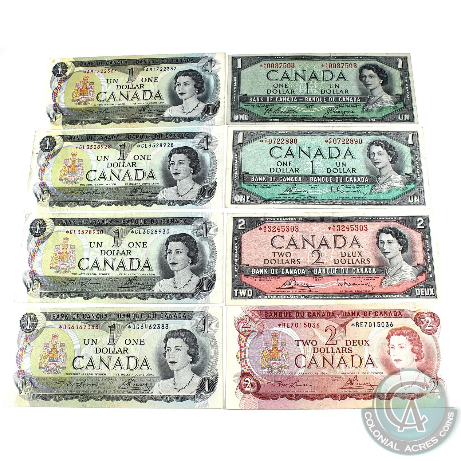 Replacement Canada Note Set; 1954 $1 *A/A, 1954 $1 *C/F,1954 $2 A/G ...