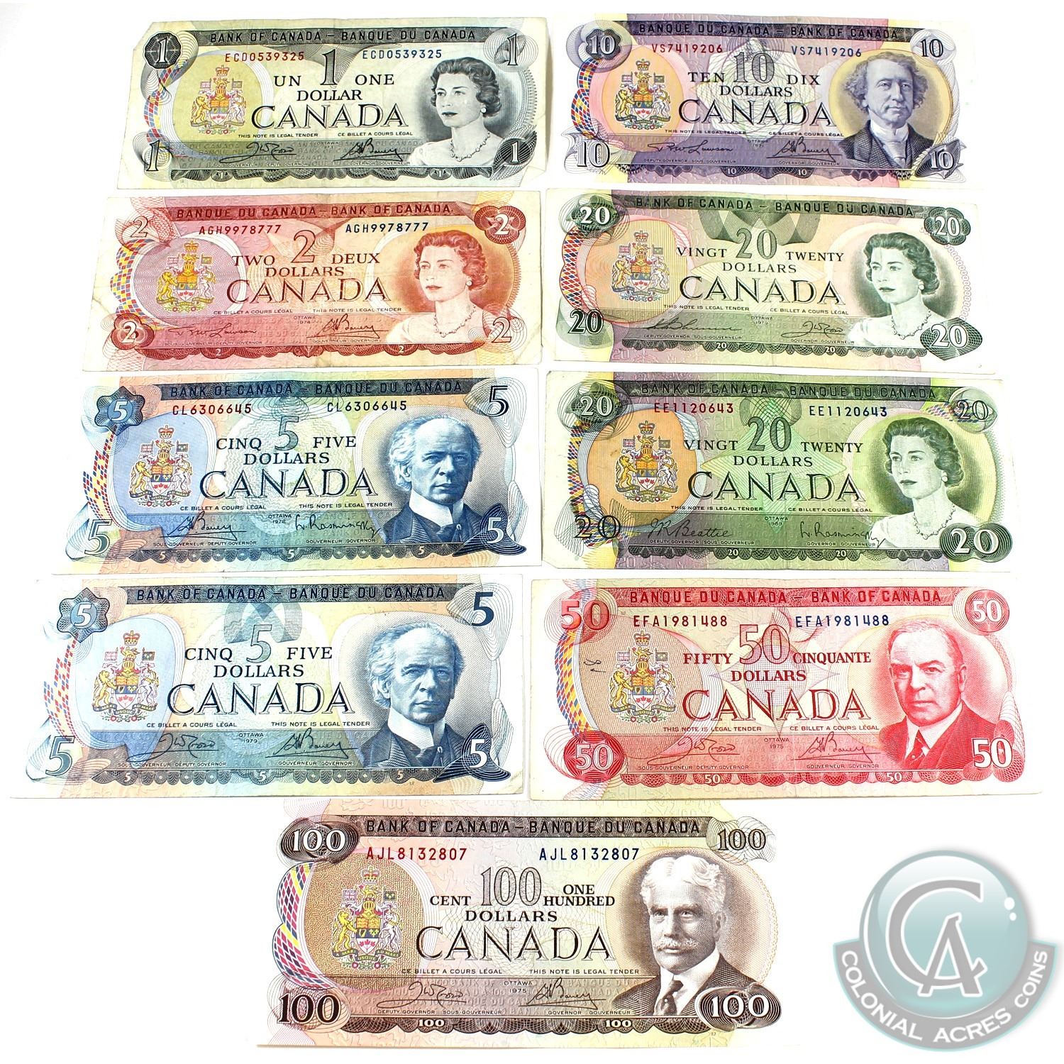 Complete set of multi coloured 1970's Canada Notes. 1973 $1, 1974 $2 ...