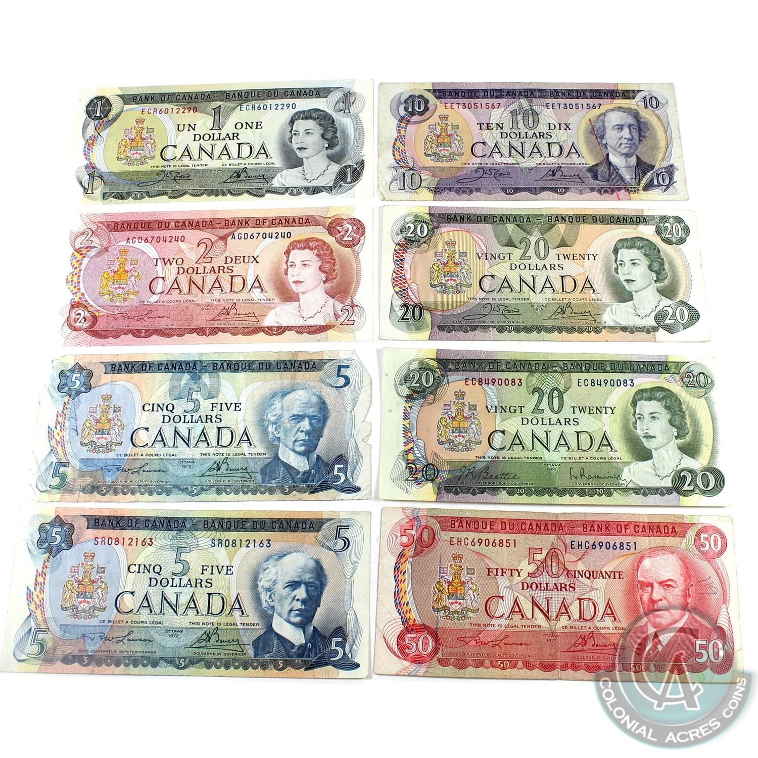 Set of multi coloured 1970's Canada Notes. 1973 $1, 1974 $2, 1972 $5 ...