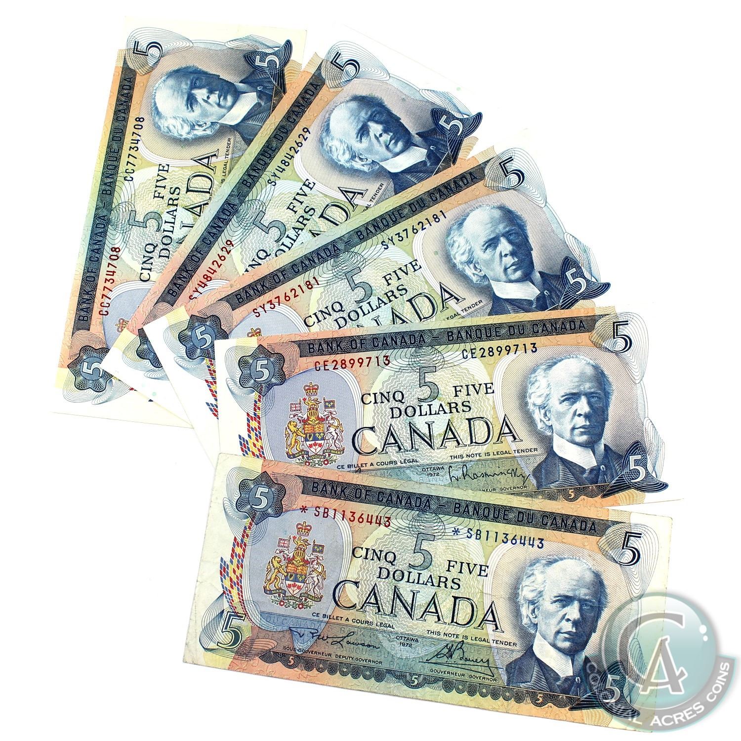 Set of 5 x 1972 Canada $5 Notes. Included is a *SB prefix replacement ...