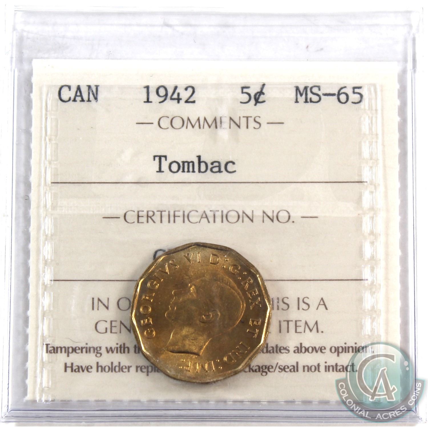 1942 Canada 5-cent Tombac ICCS Certified MS-65