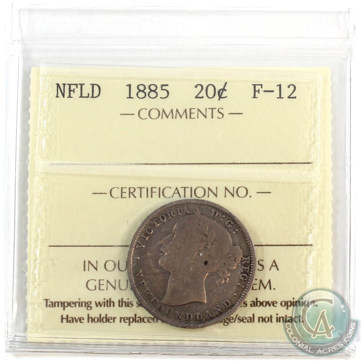 1885 Newfoundland 20-cent ICCS Certified F-12.
