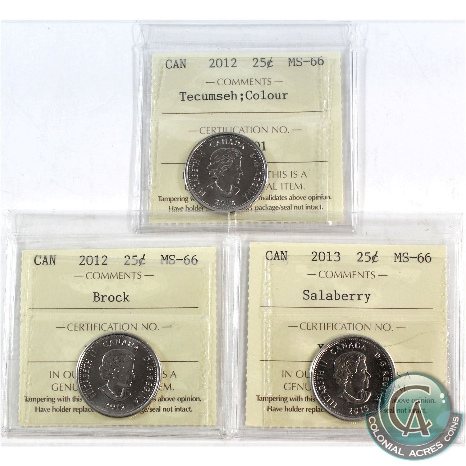 2012 Canada 25-cent Tecumseh Colour, 2012 Brock & 2013 Salaberry ICCS ...