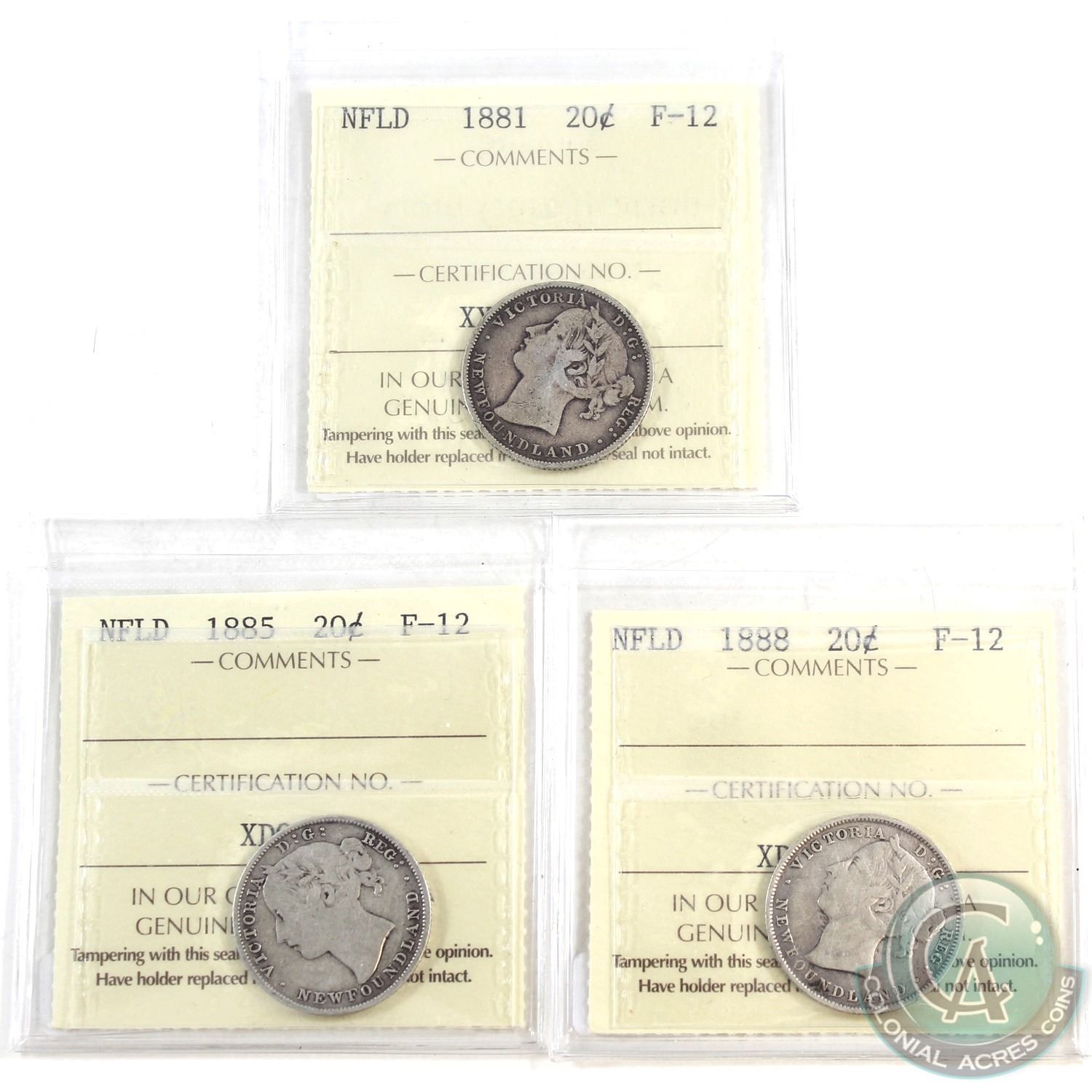 1881, 1885 & 1888 Newfoundland 20-cent ICCS Certified F-12. 3pcs