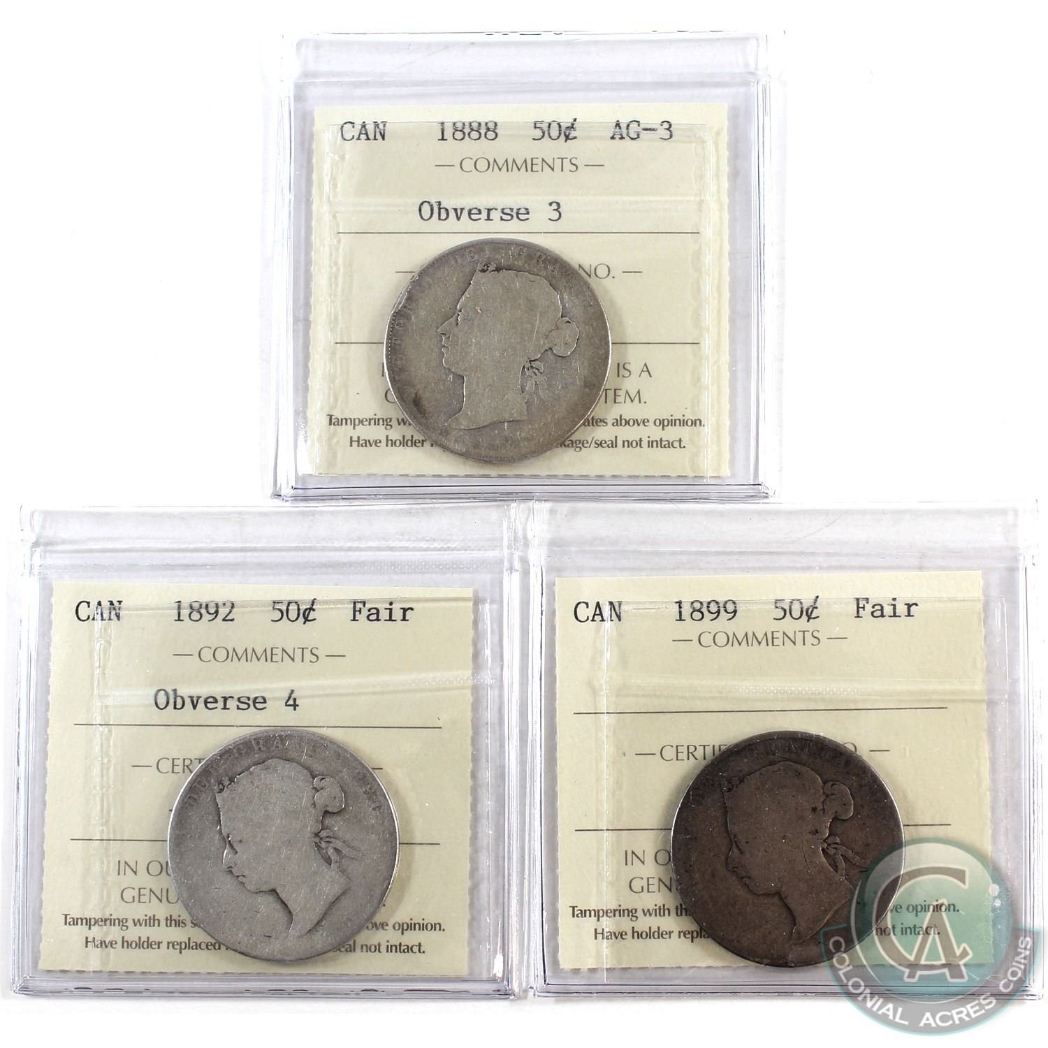 1888 Canada 50-cent Obverse 3 ICCS Certified AG-3, 1892 50-cent Obverse 4 ICCS Fair & 1899 50-cent I