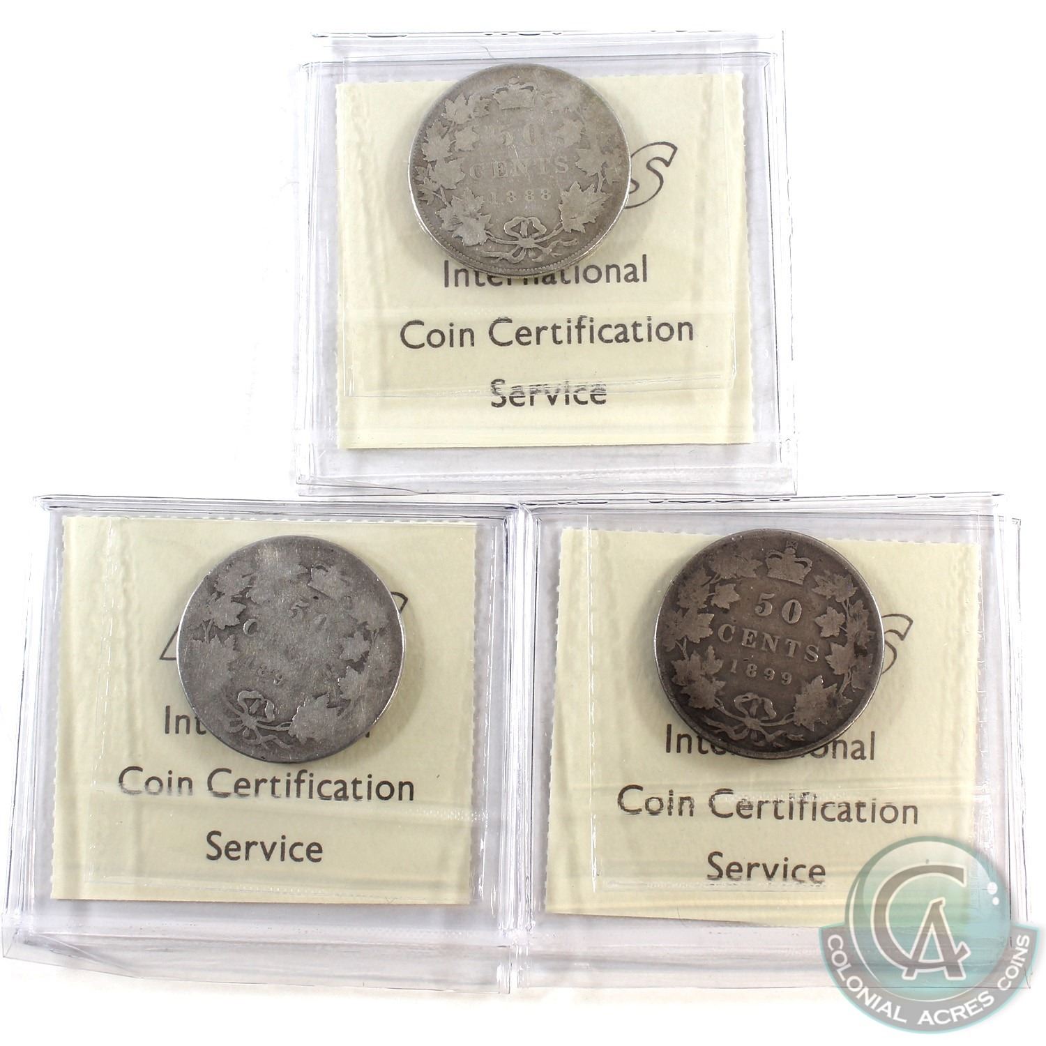 1888 Canada 50-cent Obverse 3 ICCS Certified AG-3, 1892 50-cent Obverse 4 ICCS Fair & 1899 50-cent I