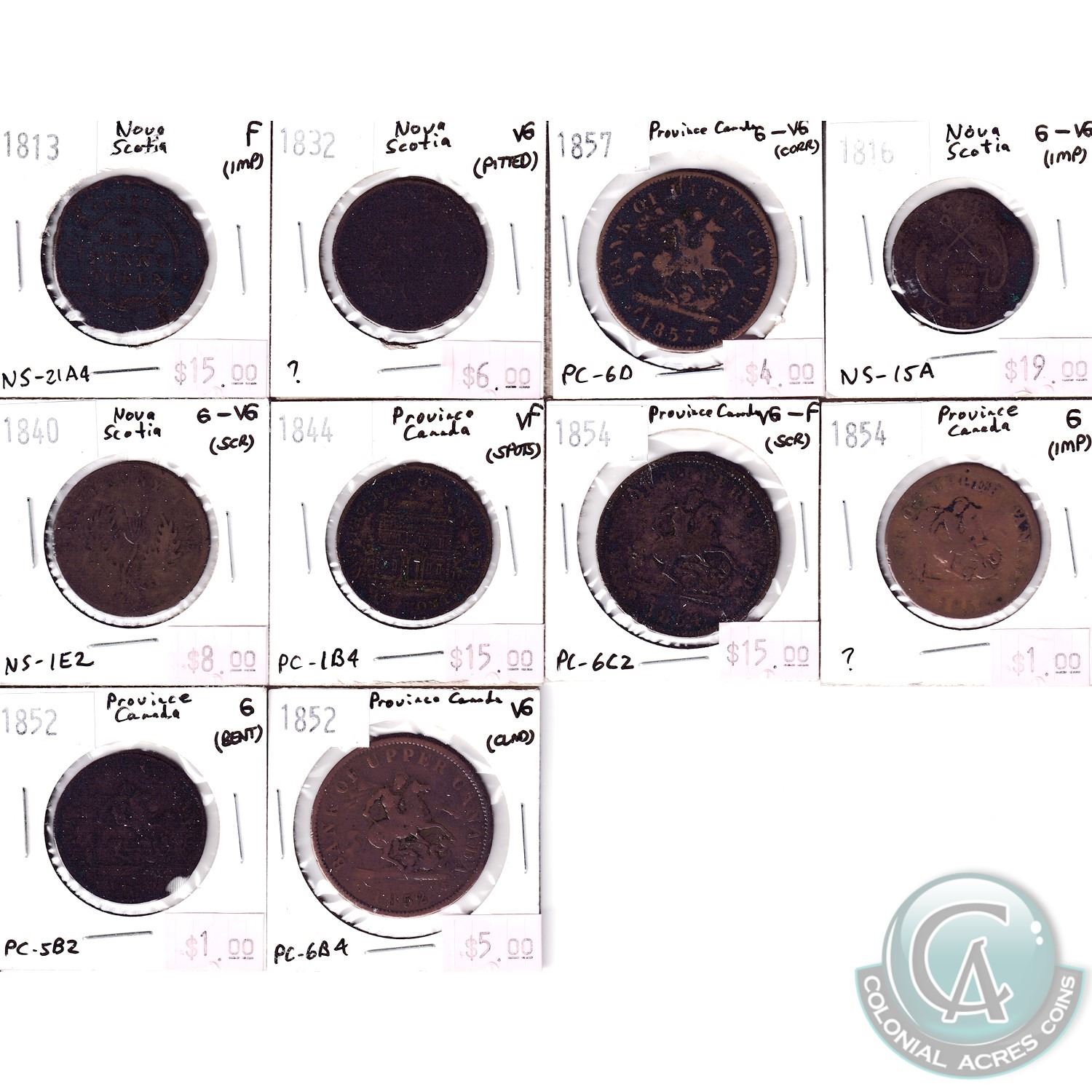 Mixed Canada Bank tokens 1813 to 1857. All different. 10pcs. Sold as is ...