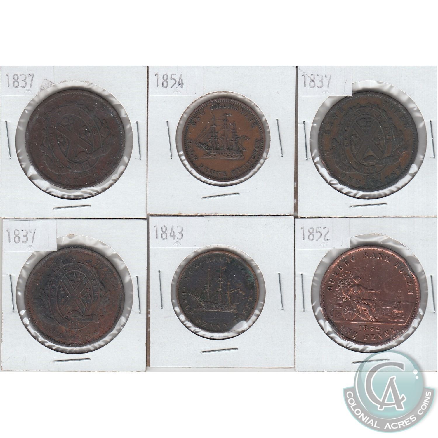 Set of Canada Bank tokens 1837 to 1854. 6pcs. Please view images for ...