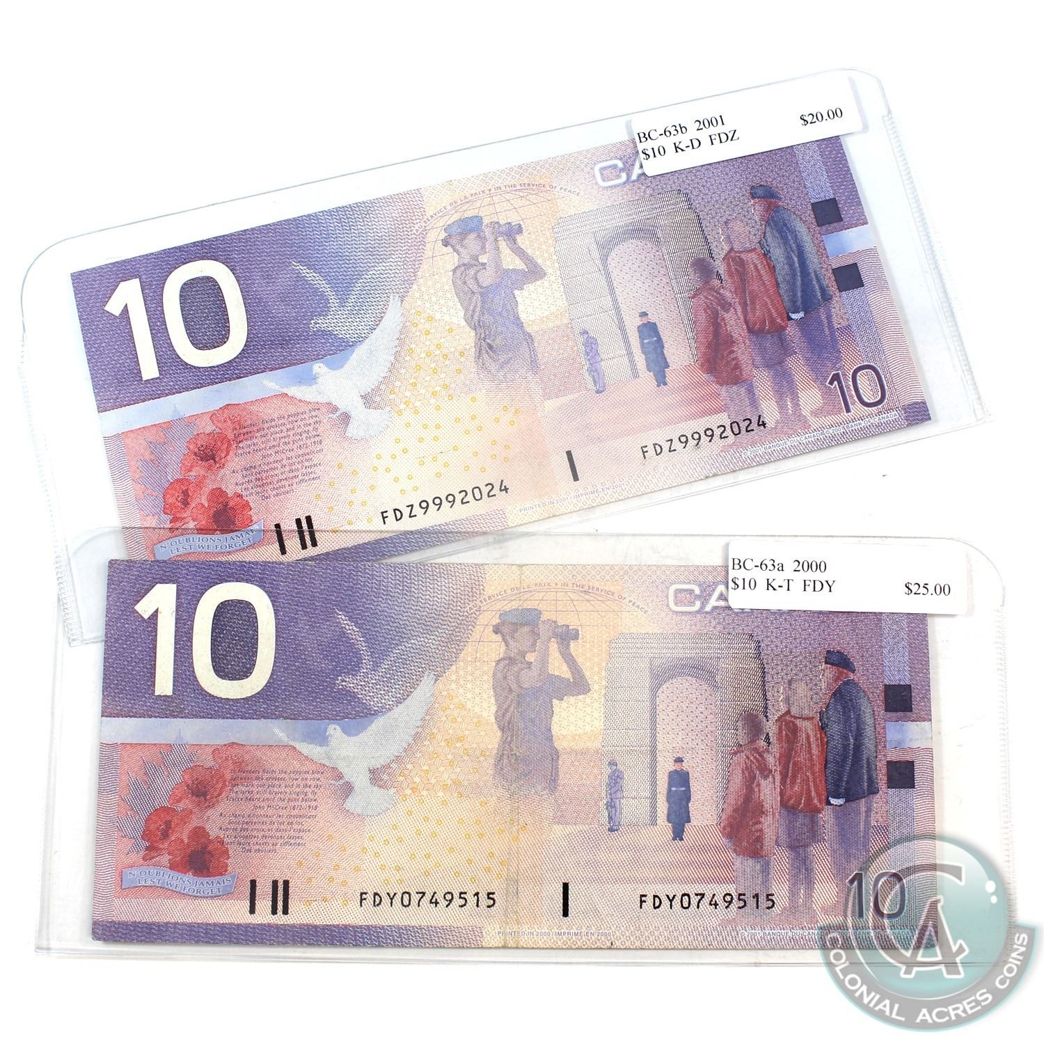 Pair of $10 Journey Series Banknotes - 2000 $10 BC-63a Knight-Thiessen ...