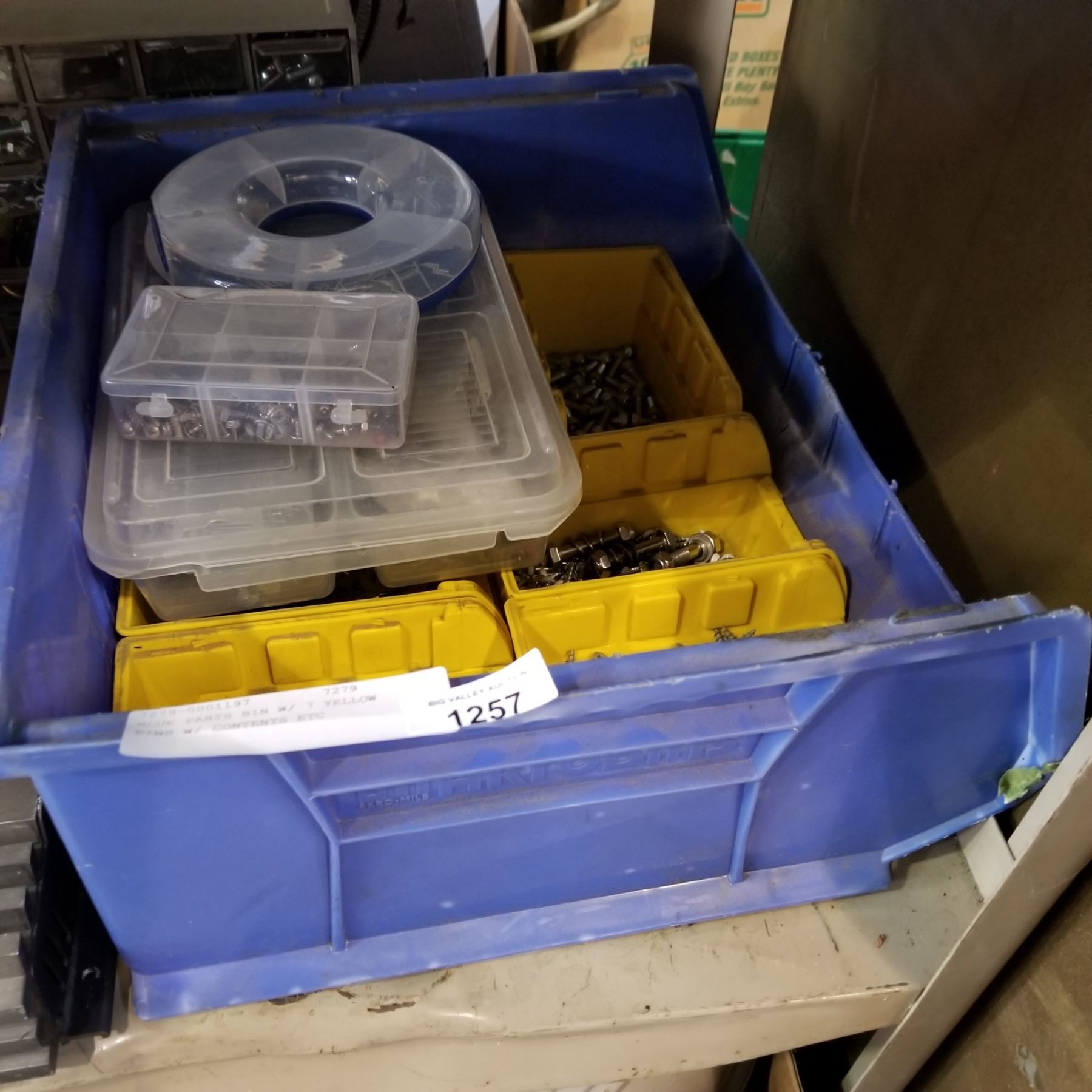 Blue Parts Bin W 7 Yellow Bins W Contents Etc Big Valley Auction