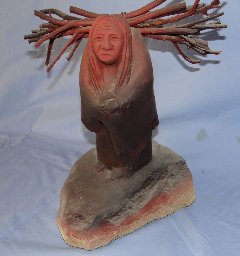 Wood, D. B., sandstone sculpture, Indian Carrying Bundle, 12" h