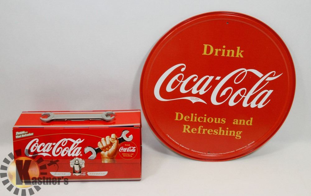 ROUND COCA-COLA METAL SIGN & A COCA-COLA LUNCH BOX