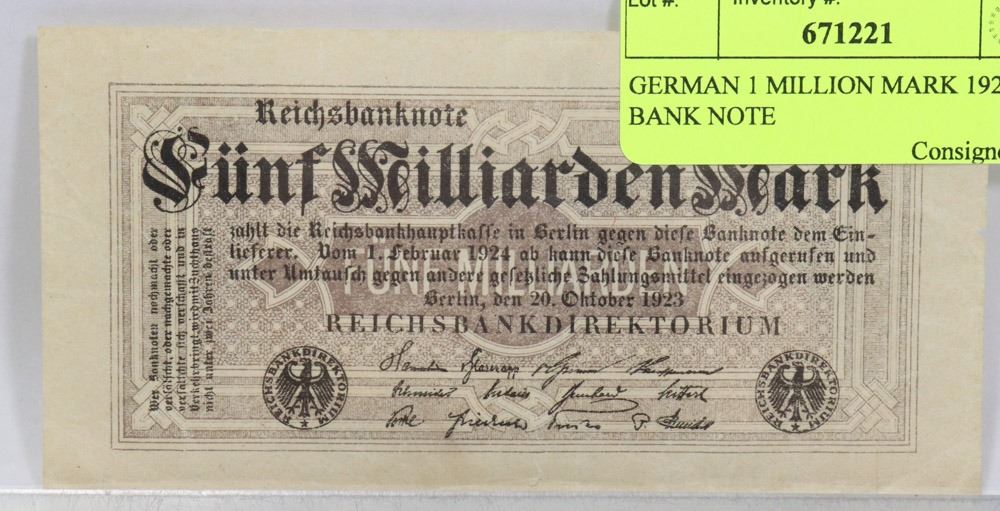 GERMAN 1 MILLION MARK 1923 BANK NOTE - Kastner Auctions