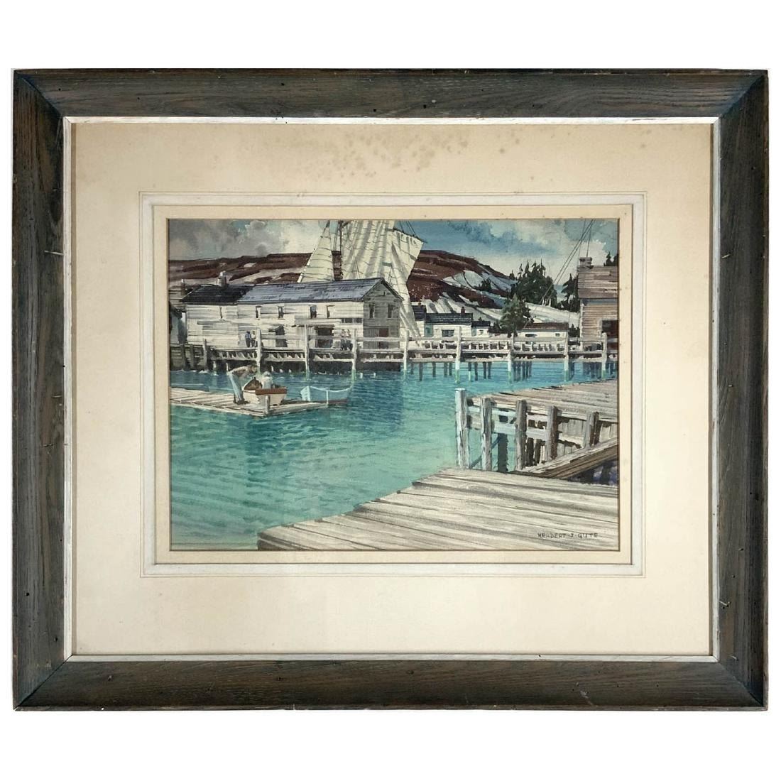 Original Harbor Watercolor By Herbert Jacob Gute.
